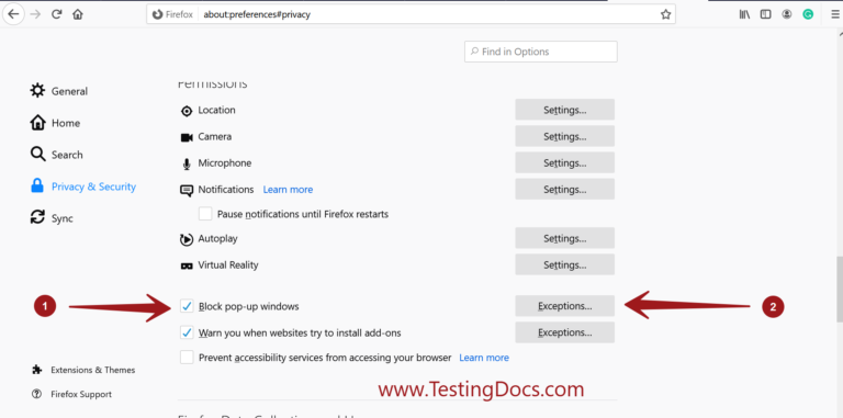 How to add an exception to allow pop-up in Firefox browser - TestingDocs