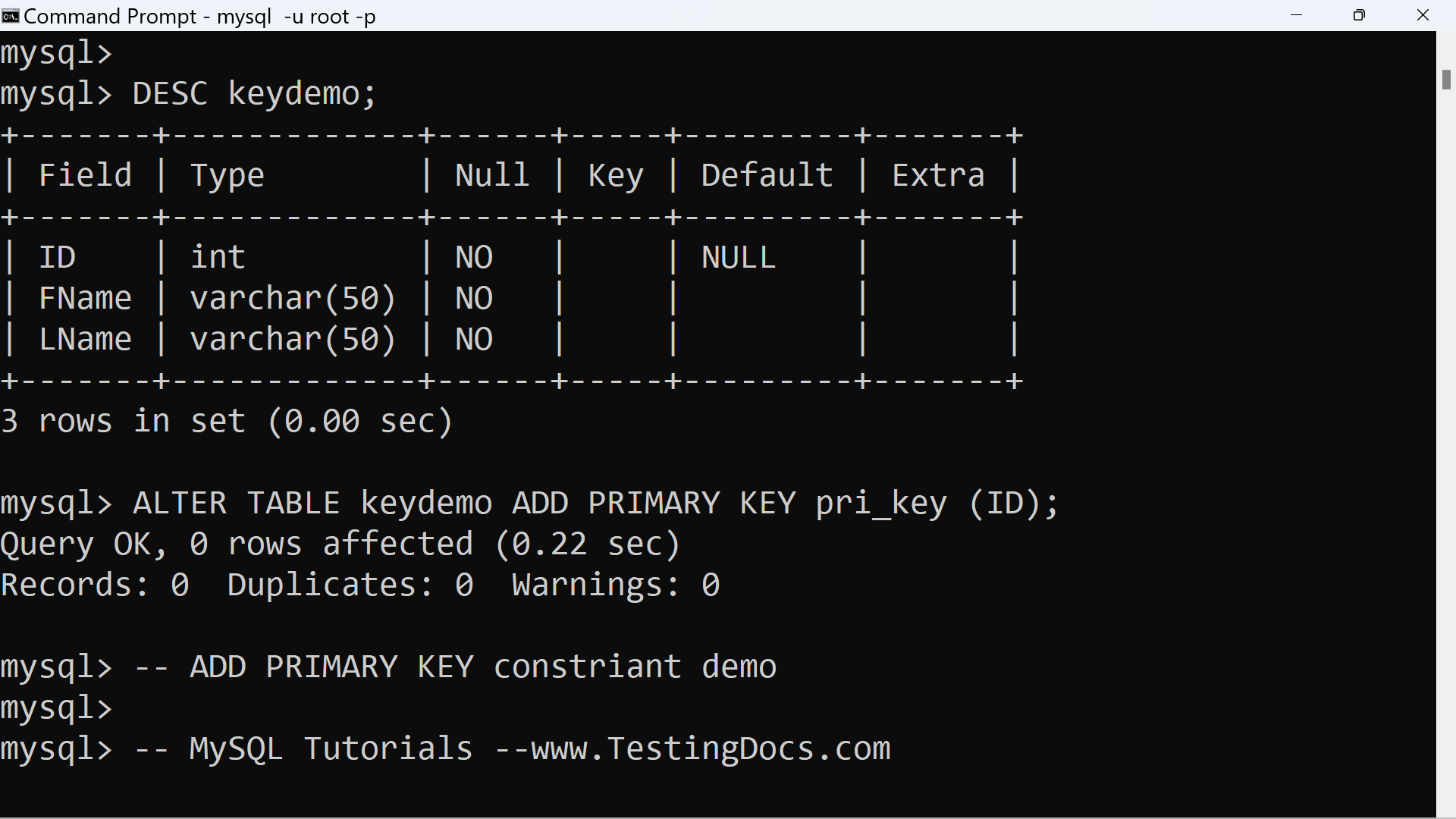 MySQL ADD PRIMARY KEY Clause TestingDocs