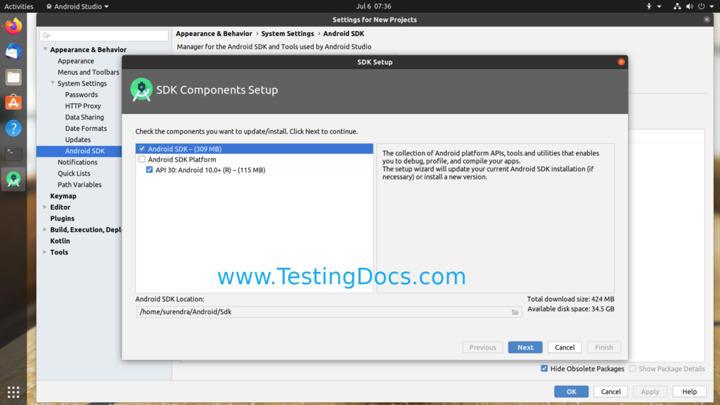 Android Studio New Project Settings on Ubuntu - TestingDocs