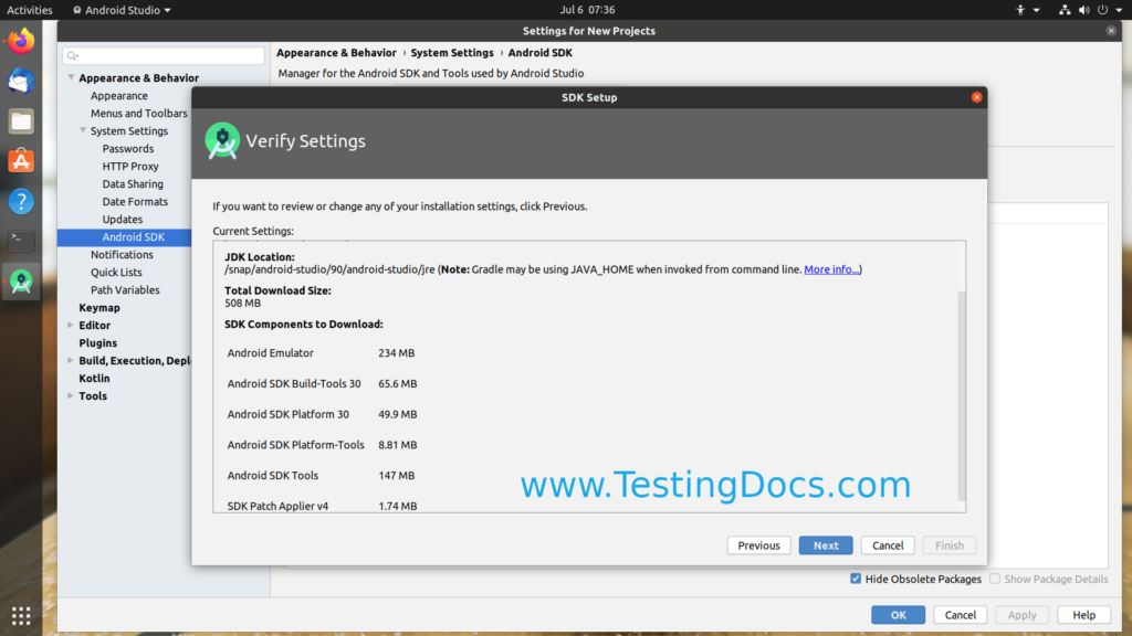 Android Studio New Project Settings on Ubuntu - TestingDocs
