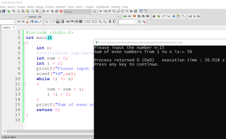 C program to find sum of even numbers from 1 to n - TestingDocs