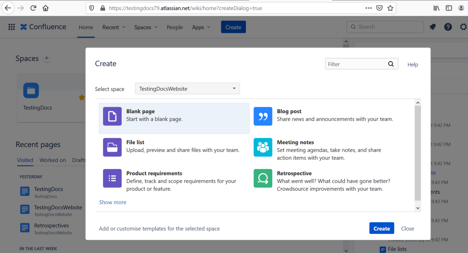 Create Confluence Page - TestingDocs