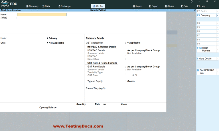 Create Stock Items in Tally | TestingDocs