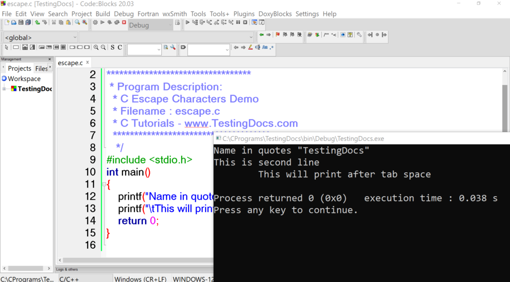 C Escape Characters TestingDocs
