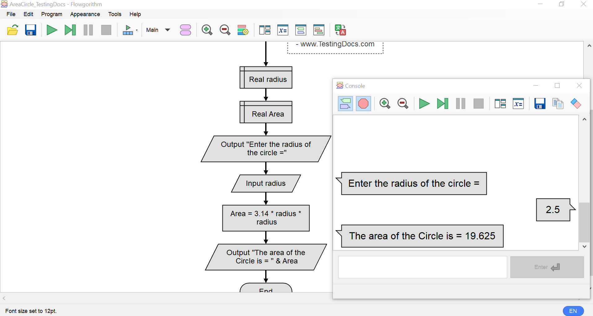 Calculate Area Of The Circle Flowgorithm Flowchart TestingDocs
