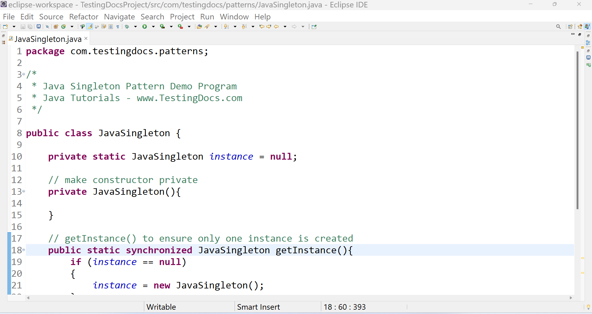 Java Singleton Pattern TestingDocs