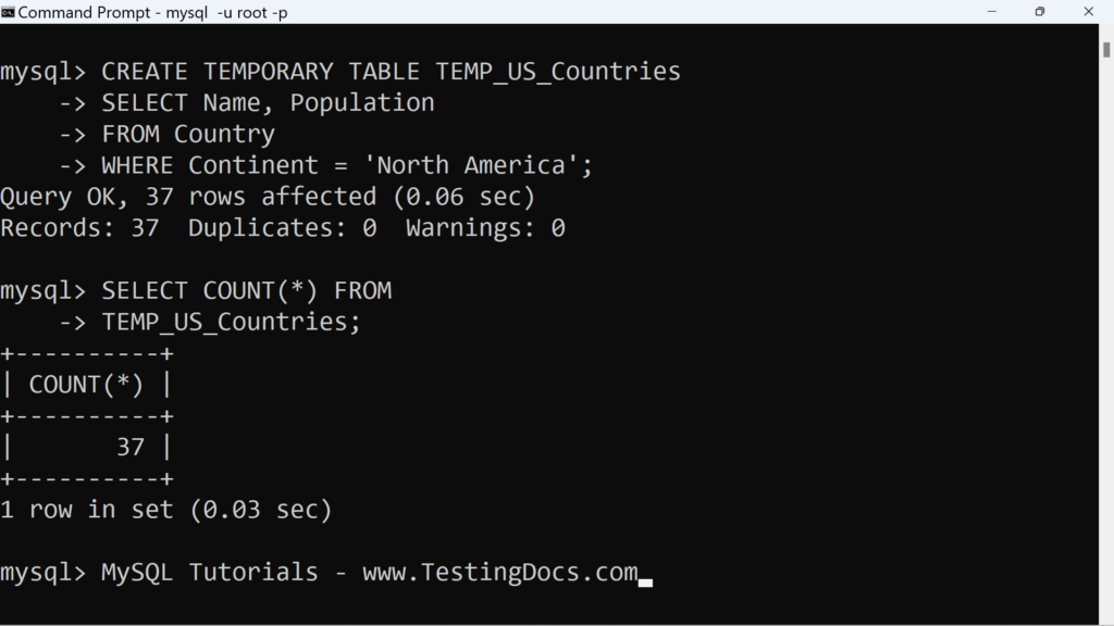 MySQL CREATE TEMPORARY TABLE Statement TestingDocs