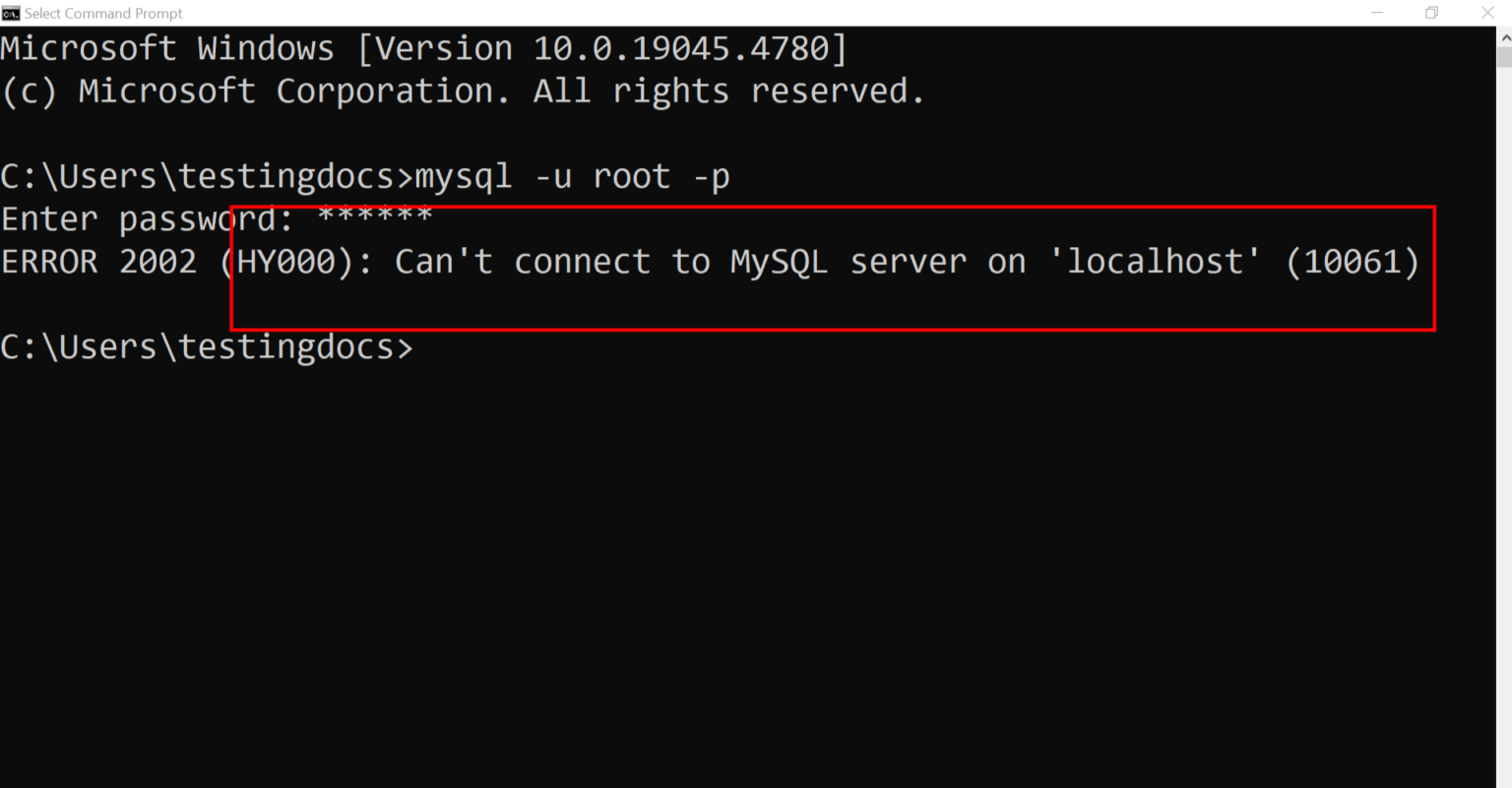 Can't connect to MySQL server on 'localhost' ( 10061 ) - TestingDocs.com