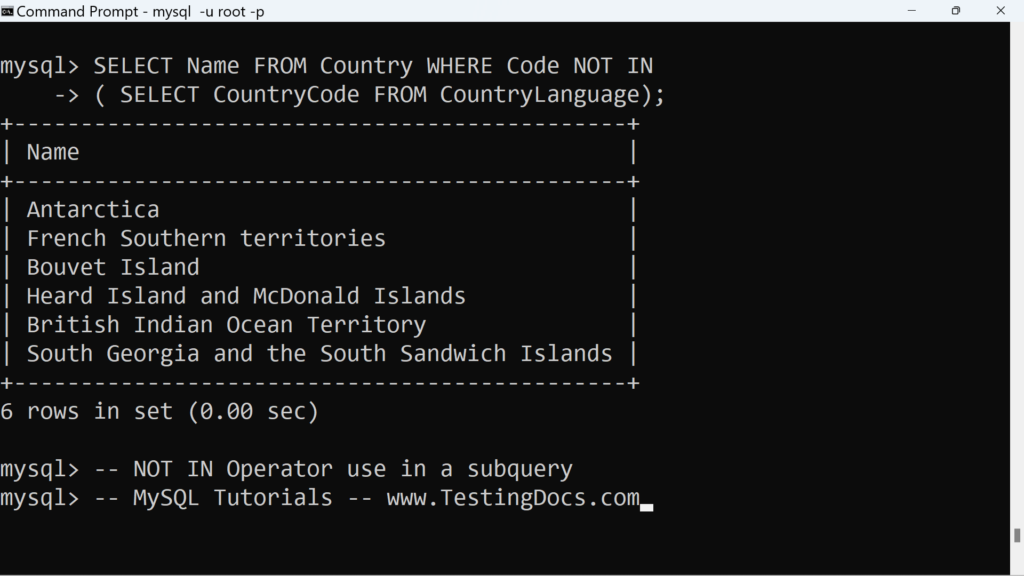MySQL NOT IN Operator - TestingDocs