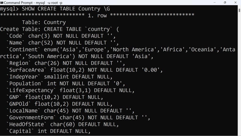 MySQL SHOW CREATE TABLE Statement TestingDocs