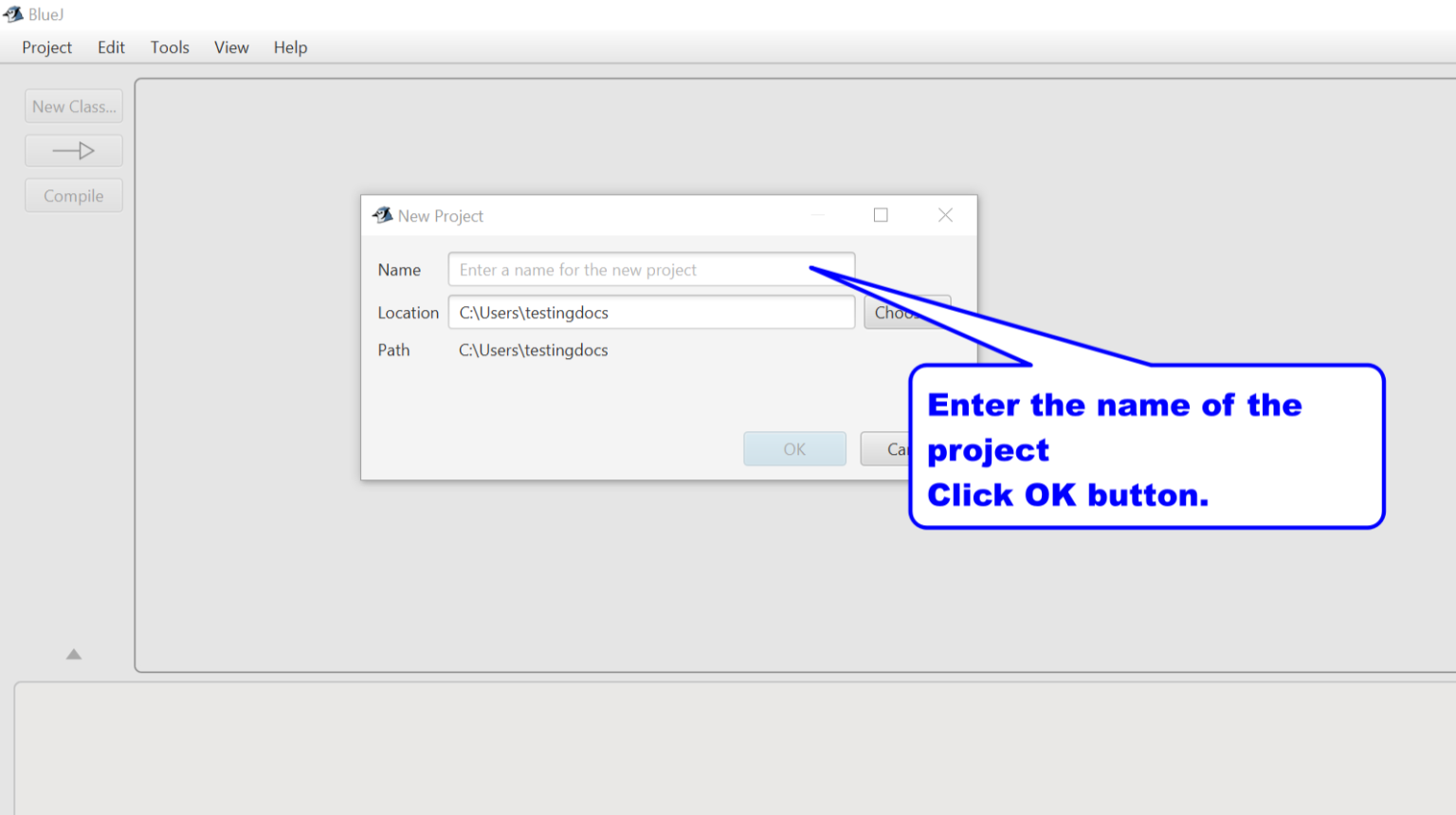 Create New BlueJ Project - TestingDocs