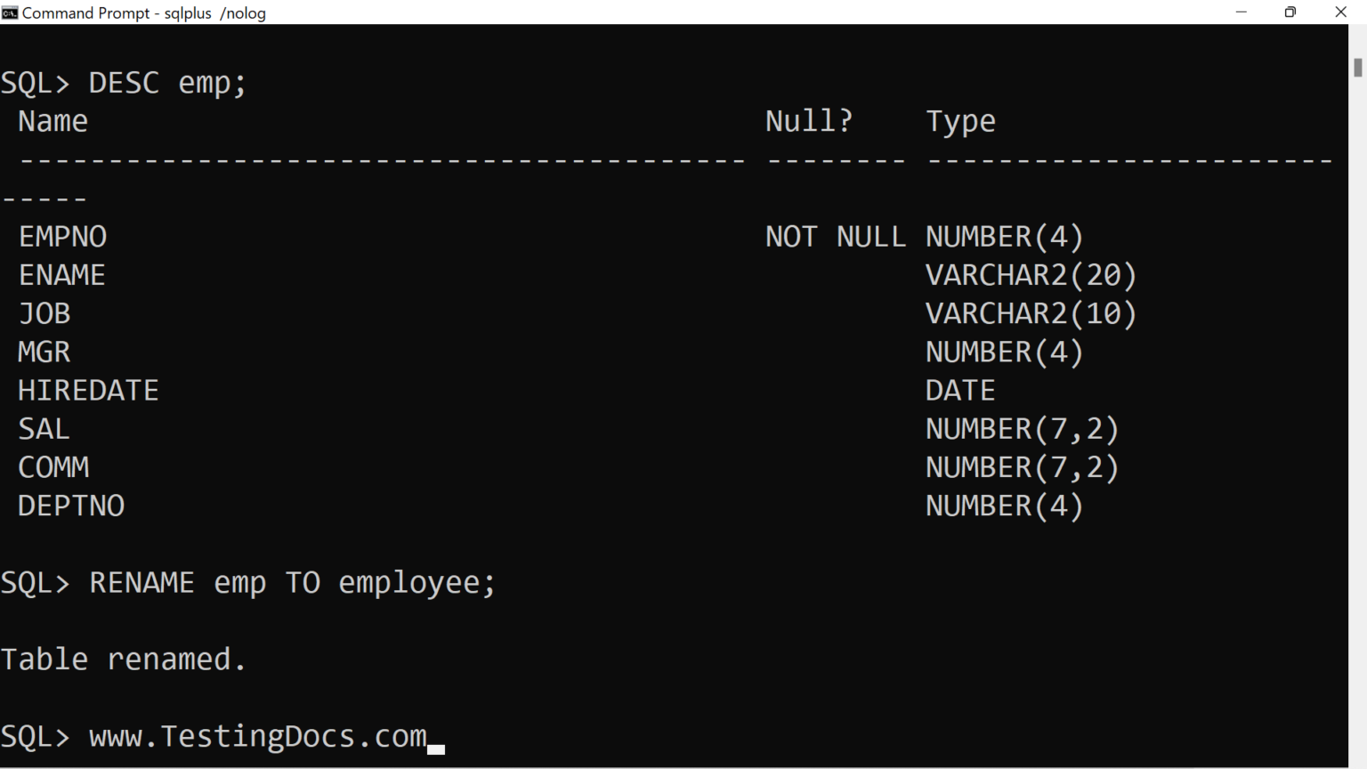 Oracle Rename Table Statement