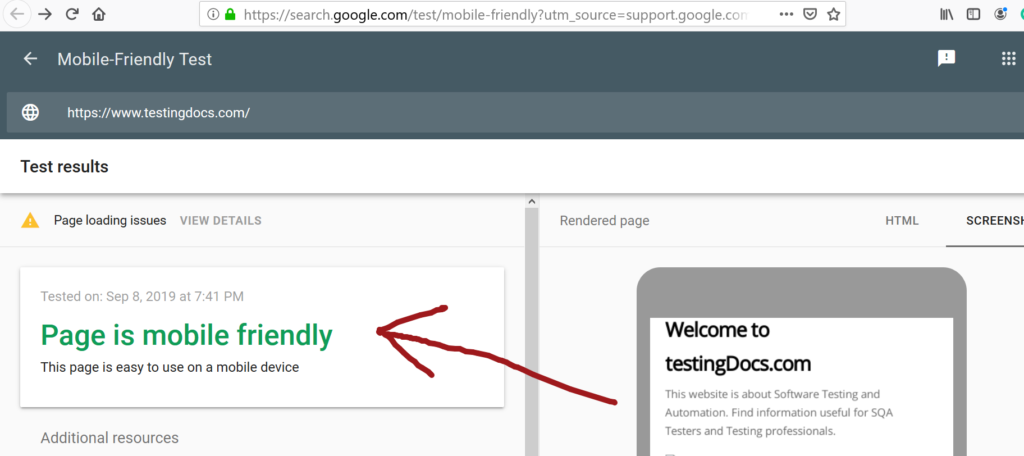 Testing webpage mobile-friendliness using a tool - TestingDocs