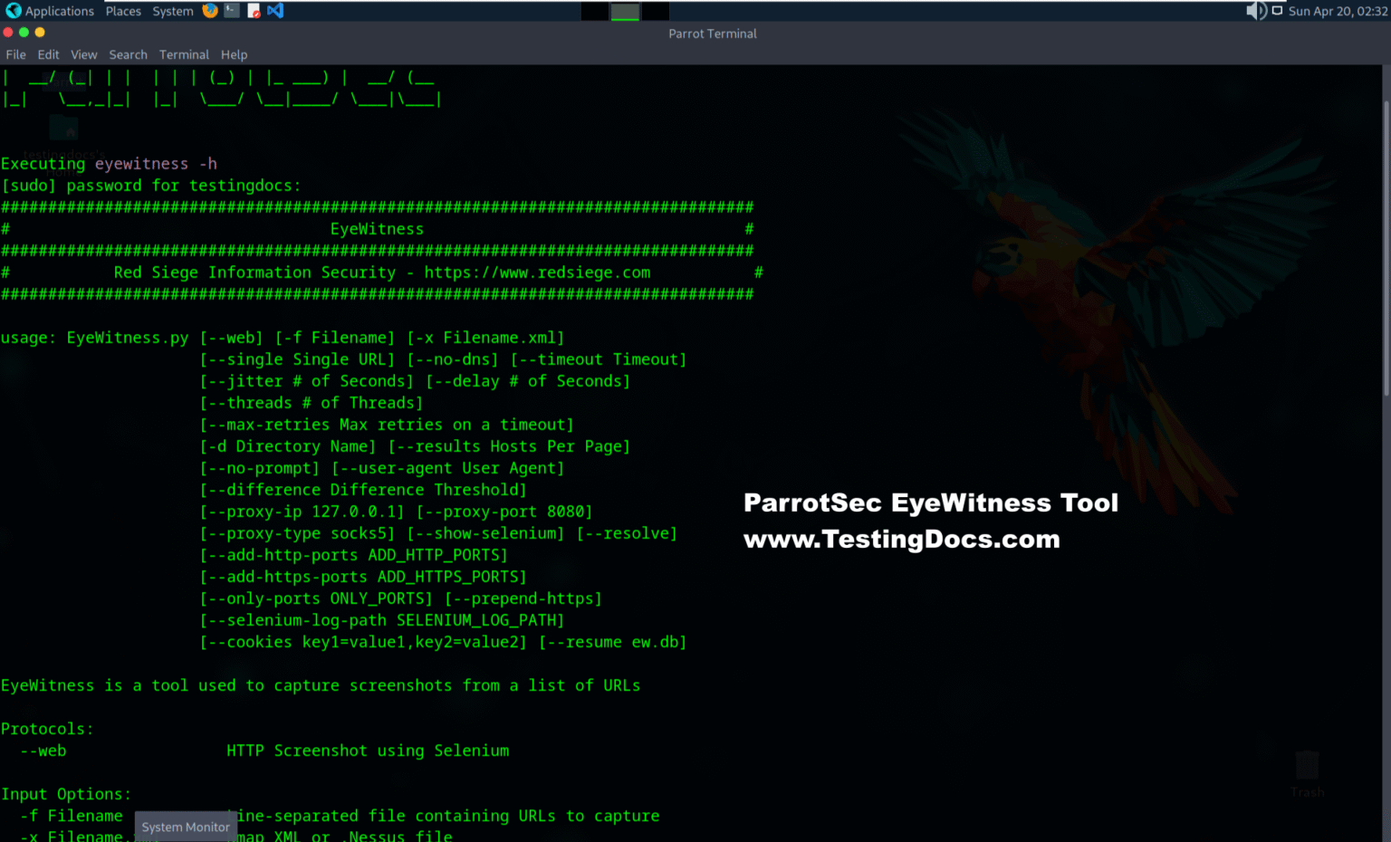 ParrotSec Eyewitness Tool - TestingDocs