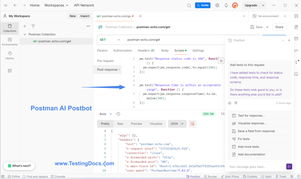 Postman AI Postbot - TestingDocs