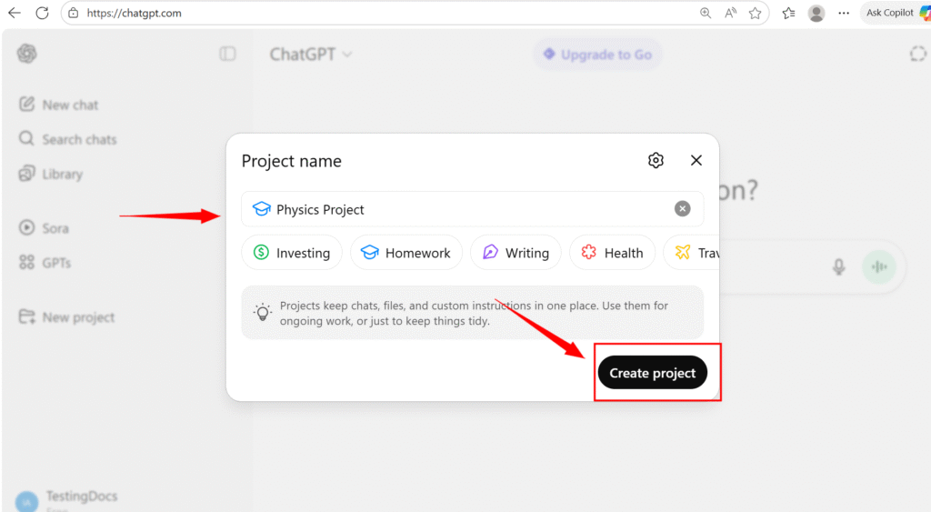 Create New ChatGPT Project | TestingDocs