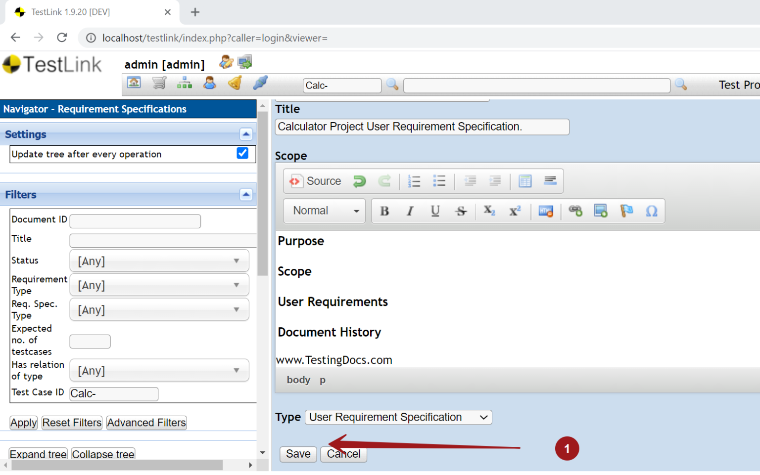 Create Requirement Specification in TestLink | TestingDocs