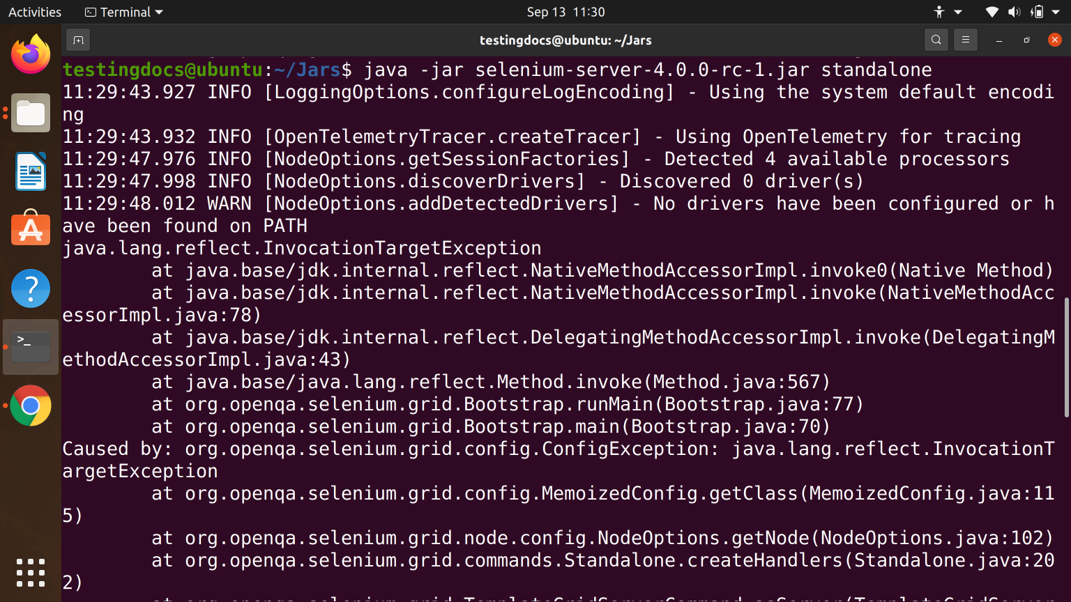 Selenium Server Error: No drivers have been configured - TestingDocs