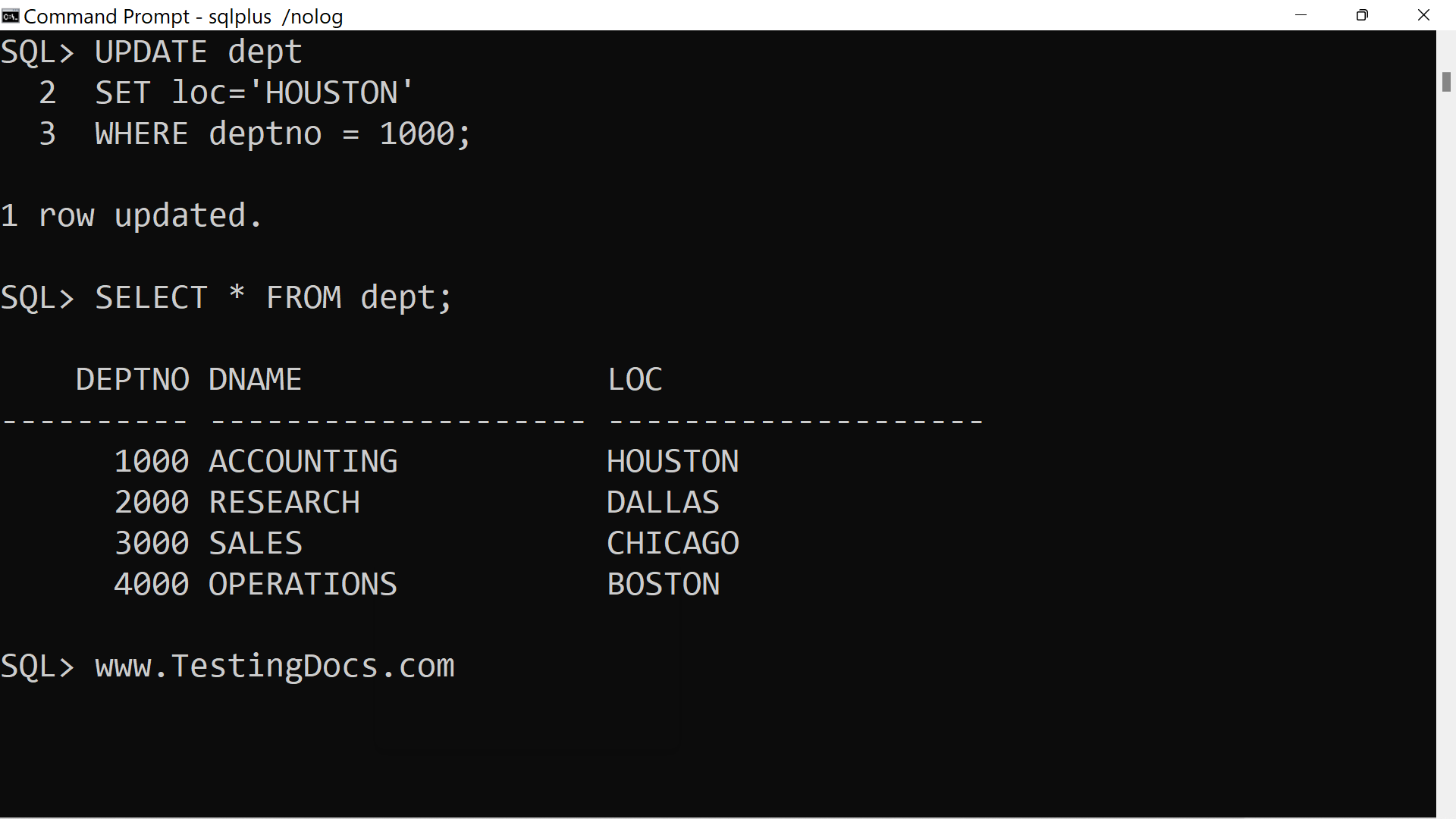 Oracle SQL Update Statement TestingDocs