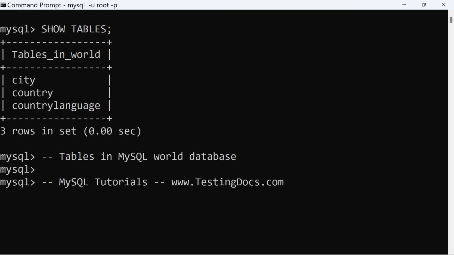 MySQL world Database Tables - TestingDocs