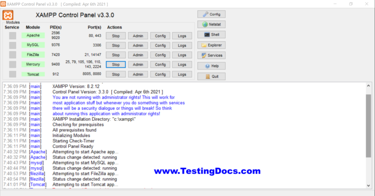 XAMPP Dashboard - TestingDocs